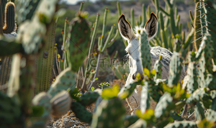 白驴躲在沙漠中的下加利福尼亚州巨仙人掌中高清摄影大图-千库网