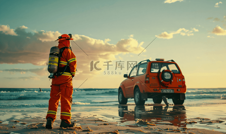消防员在工作汽车附近的救生员高清摄影大图-千库网
