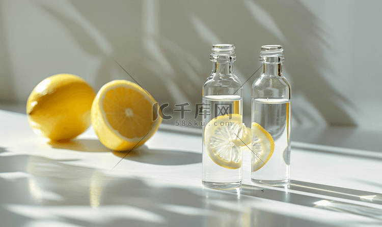 桌上的玻璃瓶和柠檬高清摄影大图-千库网