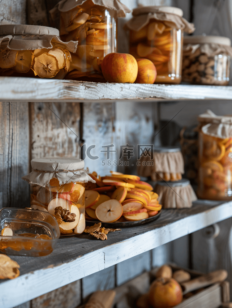 罐子里的干苹果和架子上的果酱乡村食品架高清摄影大图-千库网