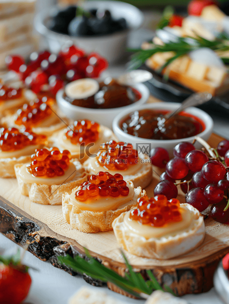 奶酪小食配水果和果酱特写镜头高清摄影大图-千库网