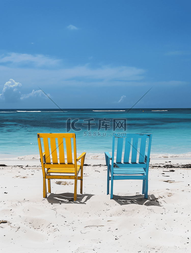 墨西哥白色沙滩上的两把黄色和蓝色木椅高清摄影大图-千库网