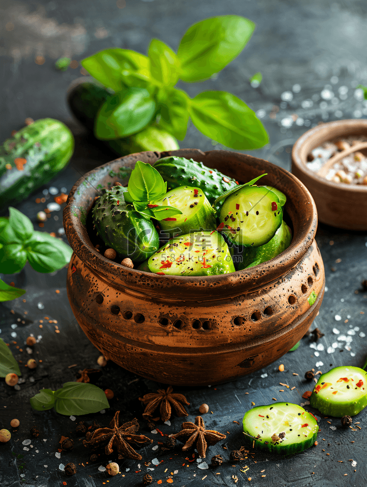 新鲜准备的自制腌黄瓜砂锅中加香料软焦点高清摄影大图-千库网