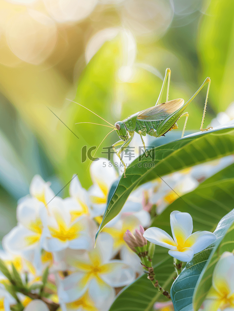 模糊背景中的鸡蛋花树叶和花朵以及花蚱蜢高清摄影大图-千库网
