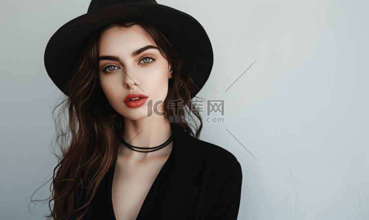 可爱的年轻黑发穿着黑色高清摄影大图-千库网