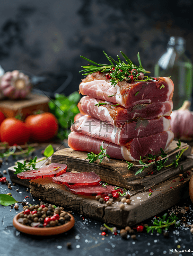 美味的新鲜熏肉或火腿加香料和香草高清摄影大图-千库网