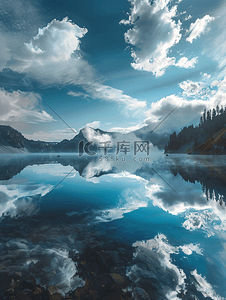 云雾笼罩的火山口湖高清摄影大图-千库网