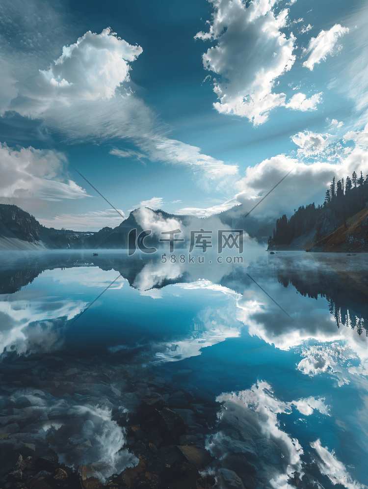 云雾笼罩的火山口湖高清摄影大图-千库网