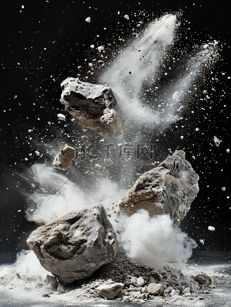 黑色背景下碎石碎片爆炸散落着白色粉尘高清摄影大图-千库网