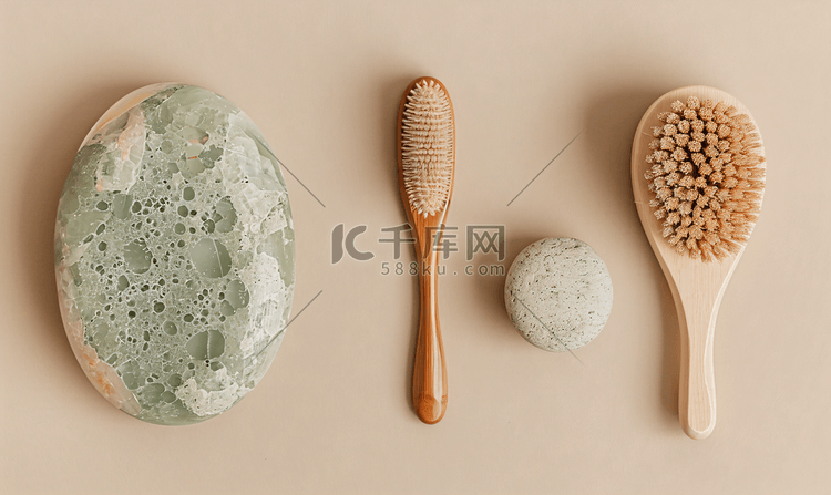 米色背景顶视图上的石面按摩器玉石和木质身体刷高清摄影大图-千库网