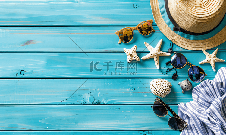 蓝色木质背景模拟中的夏季欢乐时光和配饰高清摄影大图-千库网