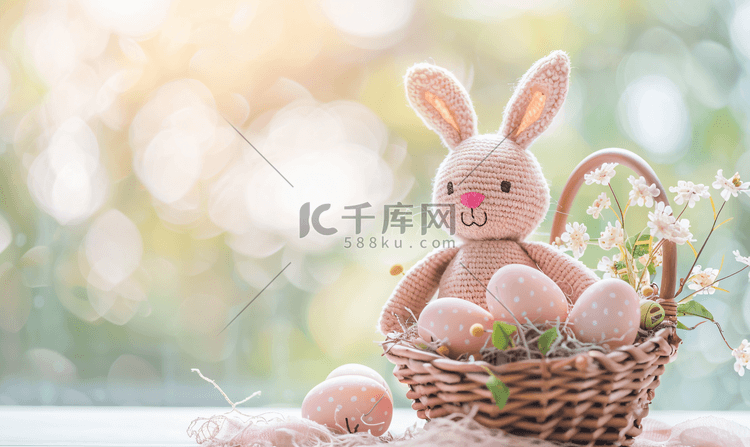 篮子里的兔子玩具和复活节彩蛋高清摄影大图-千库网