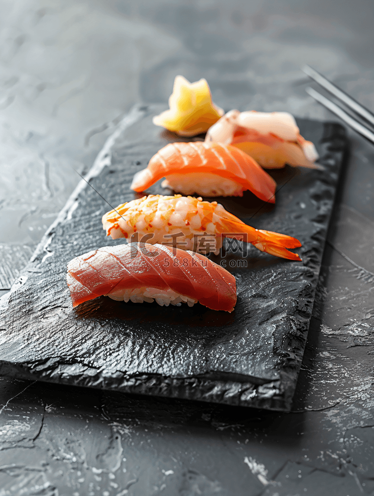 石板上不同种类的亚洲海鲜寿司高清摄影大图-千库网