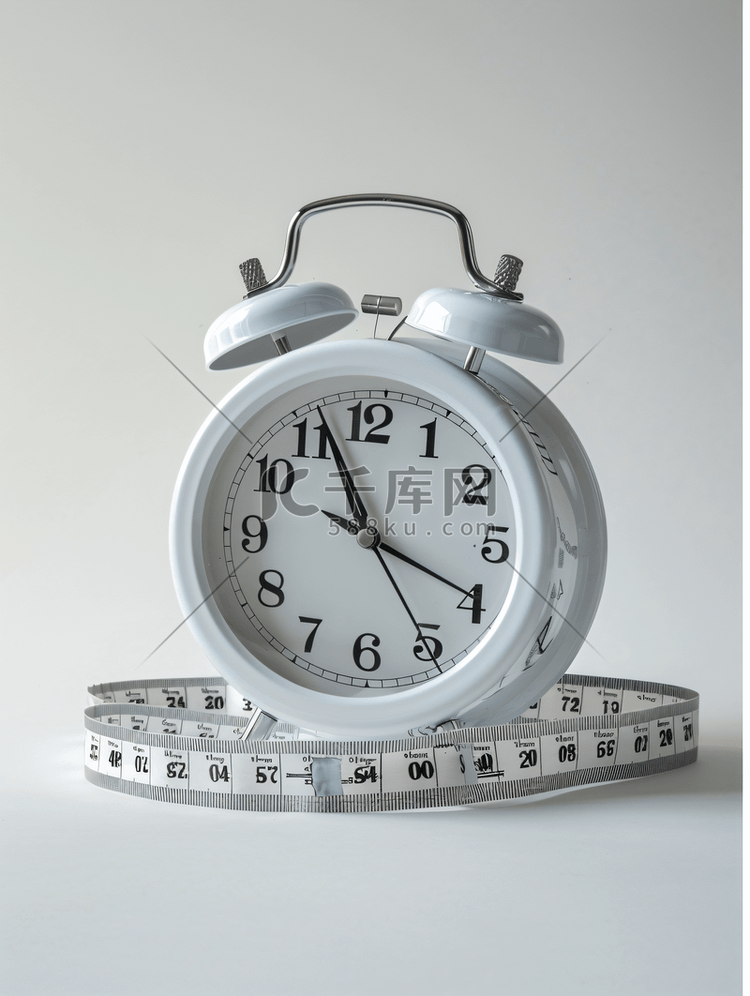 用卷尺背景包裹的白色闹钟的直视图高清摄影大图-千库网