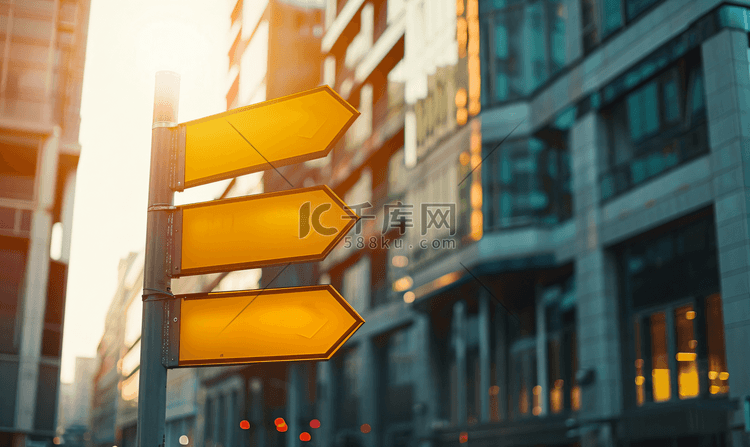 支持概念路标与三箭头办公楼在背景中高清摄影大图-千库网