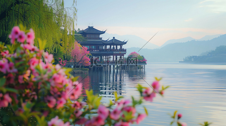 古风荷花池塘亭子摄影照片高清摄影大图-千库网