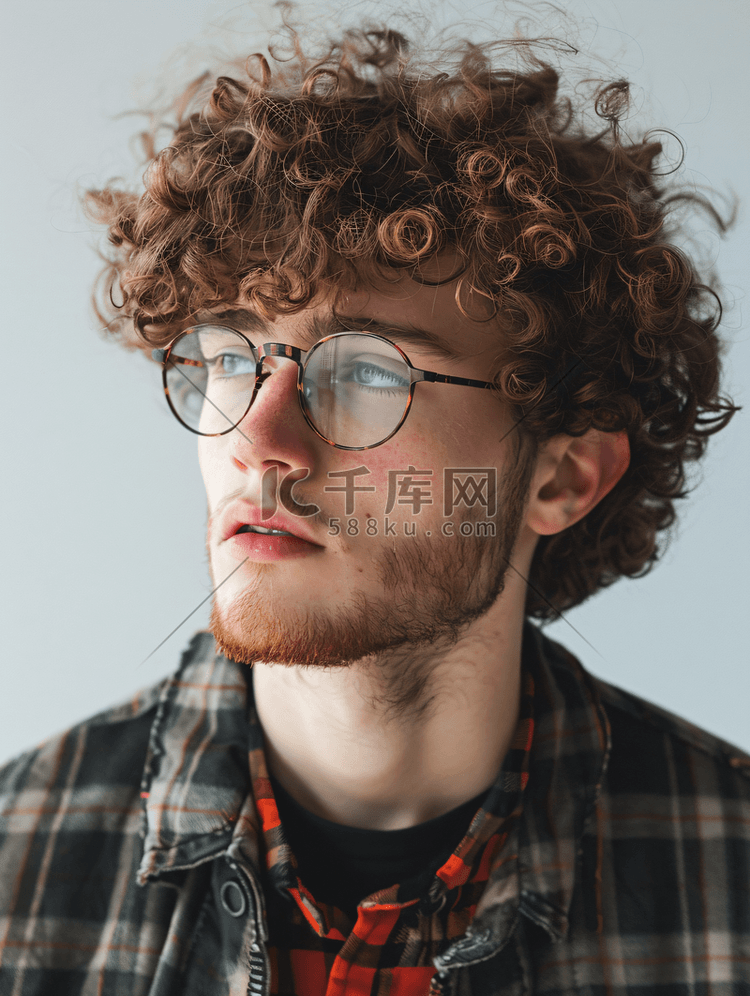 戴眼镜的年轻人卷发夹克衬衫肖像特写高清摄影大图-千库网