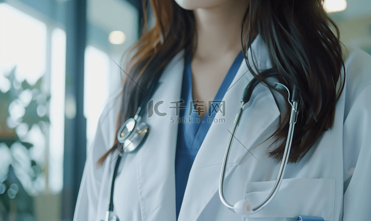 穿白大褂的护士听诊器检查医院办公室高清摄影大图-千库网