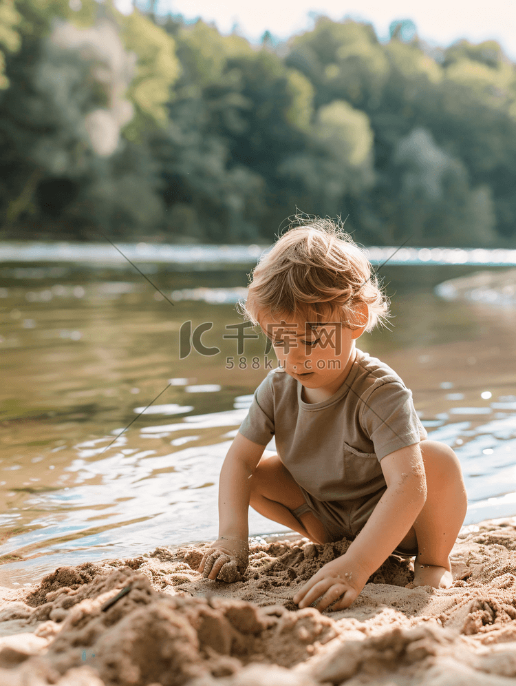 一个孩子在河岸上玩沙子高清摄影大图-千库网