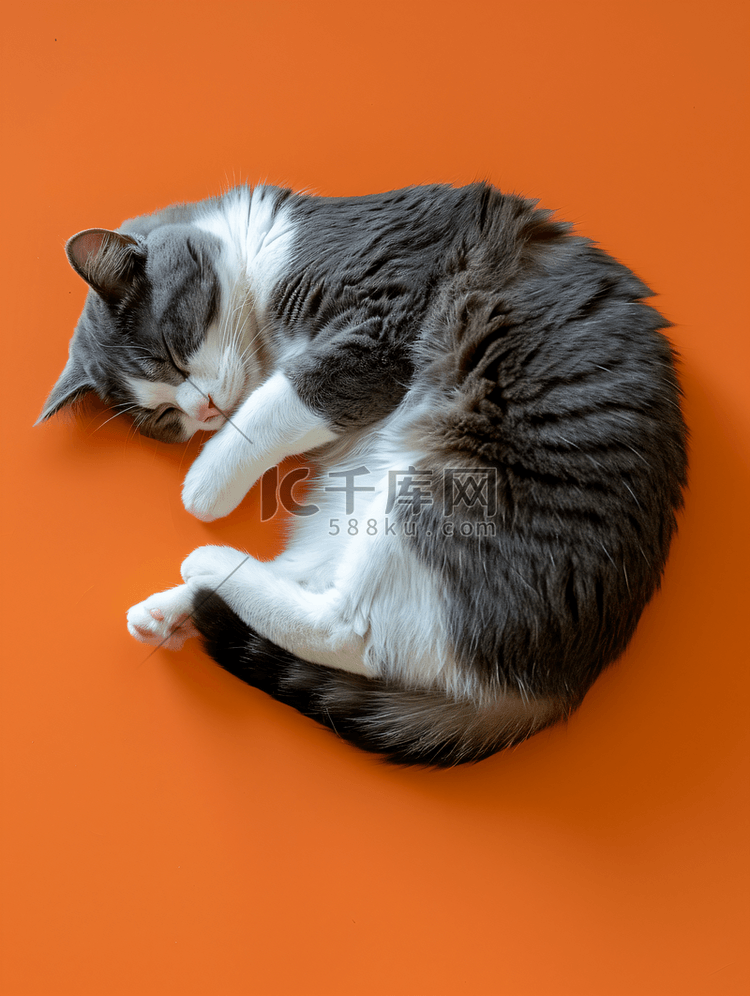 泰国猫蜷缩在橙色背景中睡觉高清摄影大图-千库网