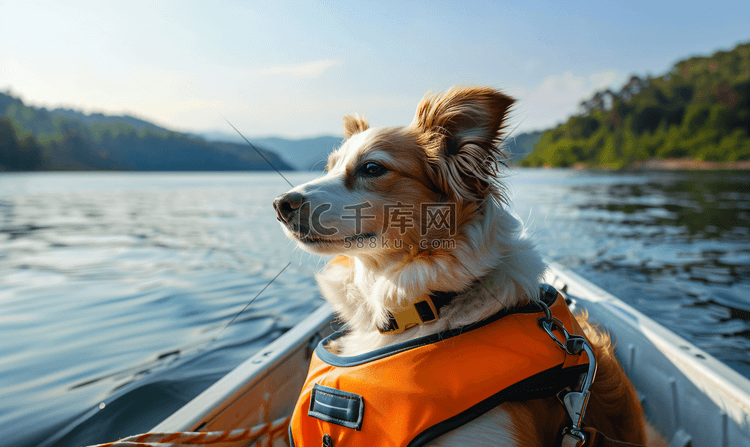 穿着救生衣在湖边船上的狗高清摄影大图-千库网
