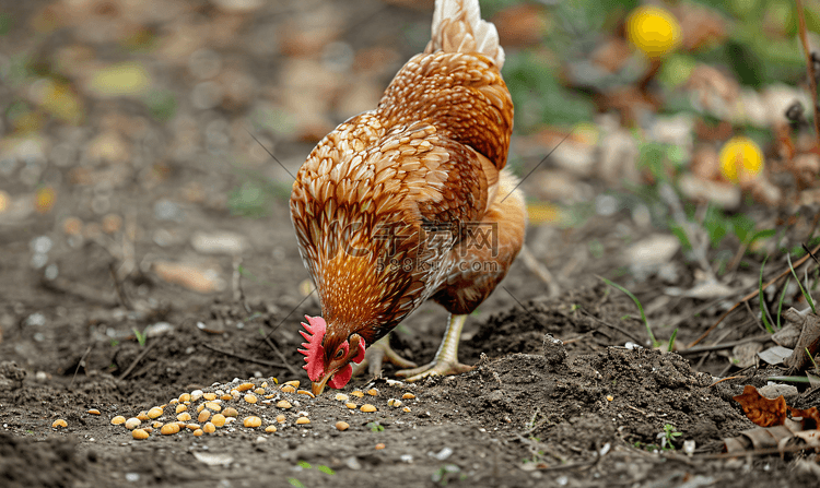 一只自由放养的鸡在地上吃东西高清摄影大图-千库网