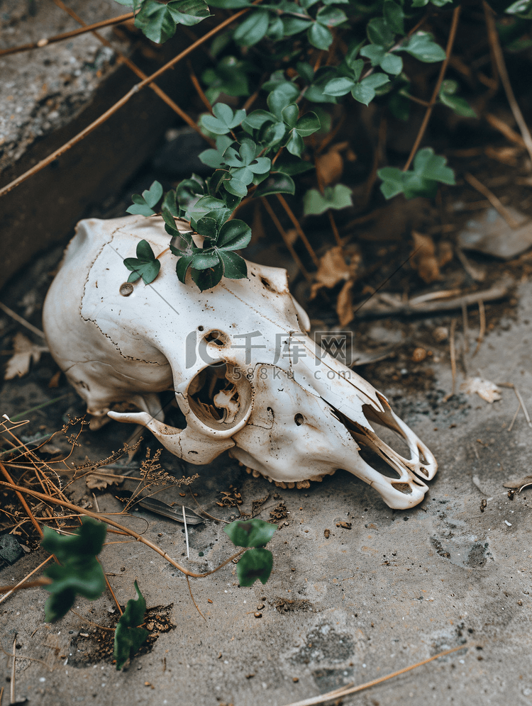 没有角的骷髅动物头骨躺在地上还有一株绿色植物高清摄影大图-千库网