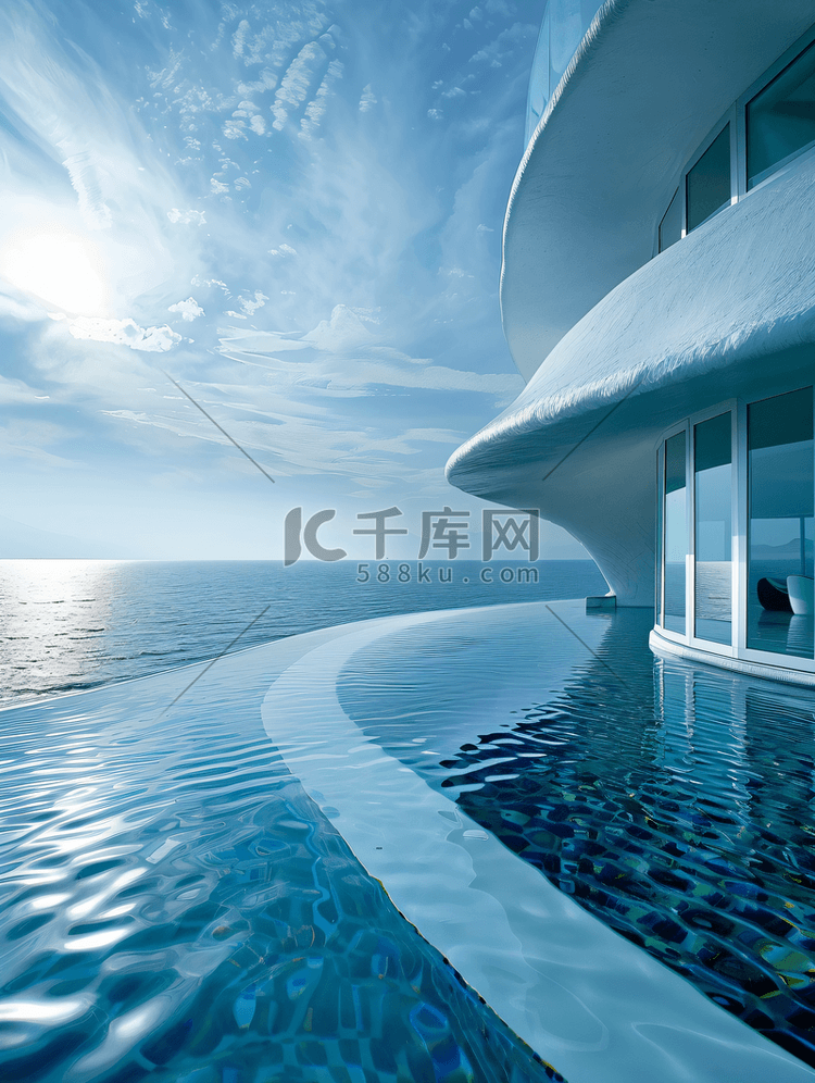 海上未来派现代别墅泳池高清摄影大图-千库网