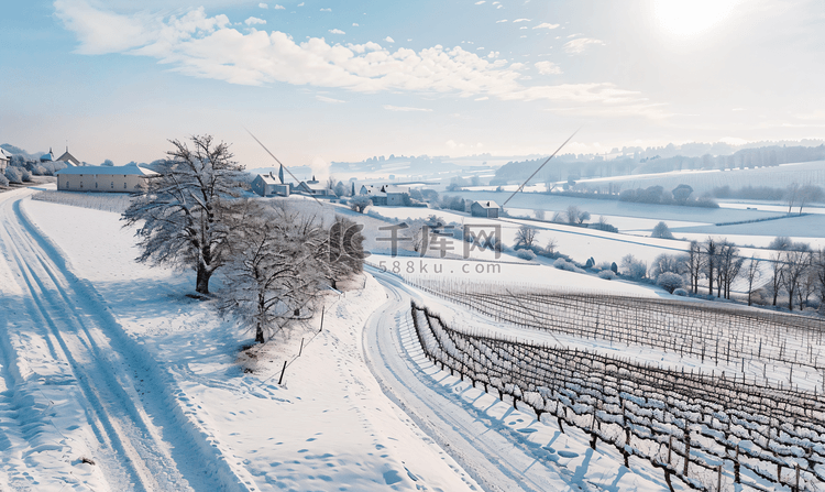 阳光明媚的冬日大雪下的阿尔萨斯葡萄园细节和顶视图高清摄影大图-千库网