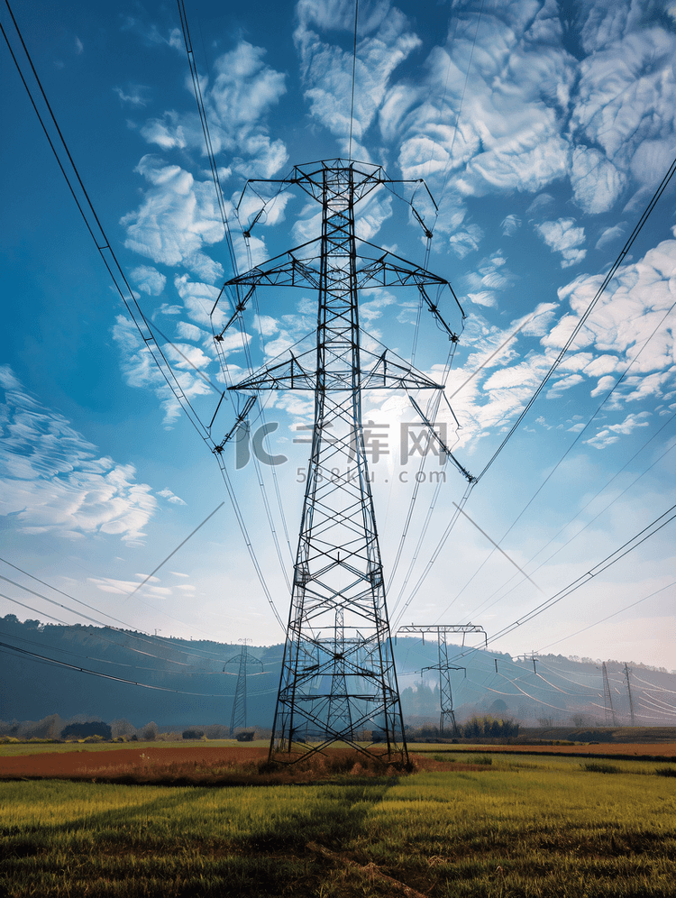 输电桅杆广角视图几何与对称性高清摄影大图-千库网