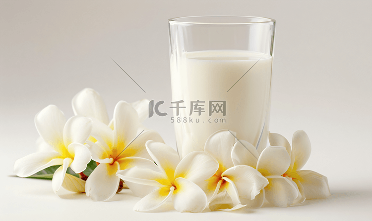 一杯牛奶和热带花卉鸡蛋花孤立在白色背景上高清摄影大图-千库网