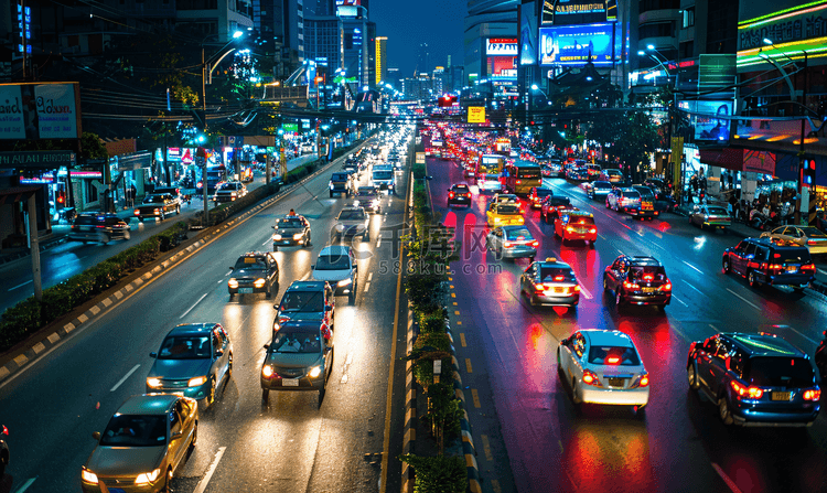 曼谷夜间交通高清摄影大图-千库网