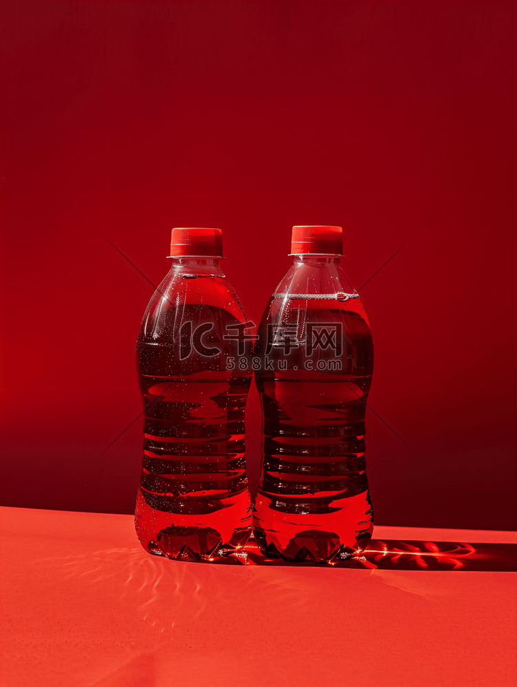 红色背景中的塑料瓶装软饮料高清摄影大图-千库网