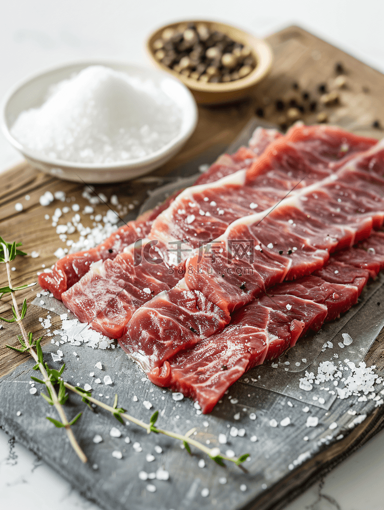 在旧砧板上切新鲜生牛肉和粗盐高清摄影大图-千库网