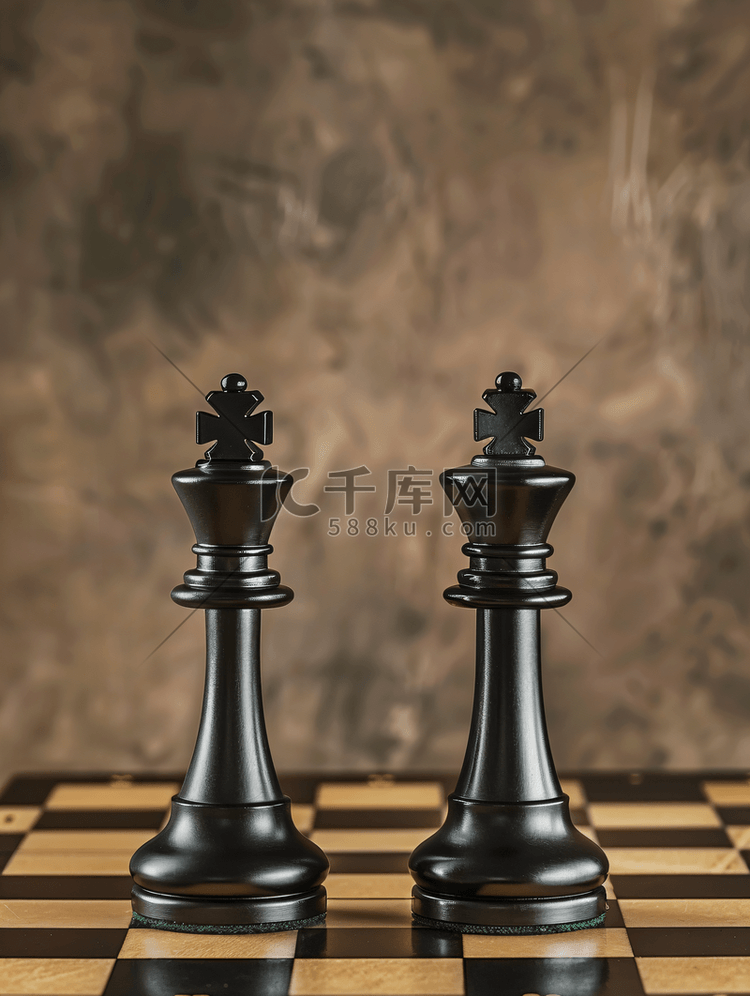 国际象棋棋盘上的黑王和王后高清摄影大图-千库网