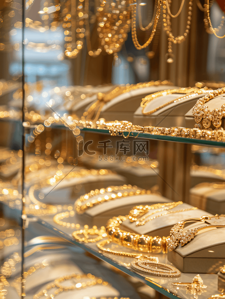 珠宝店橱窗里有大量的黄金首饰手镯链可供选择高清摄影大图-千库网