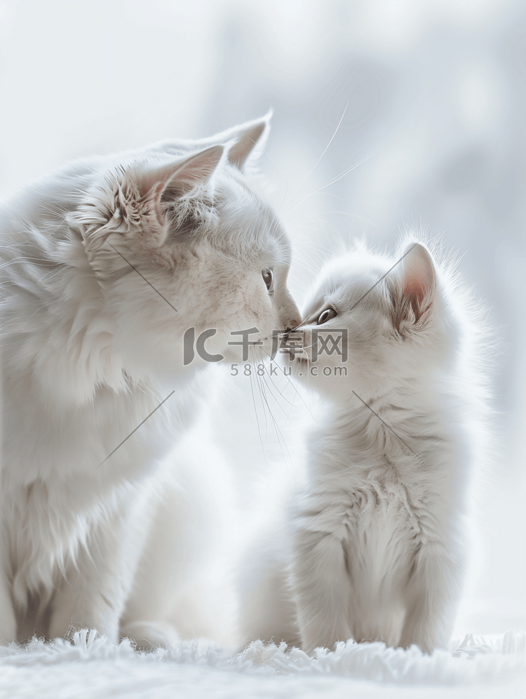 白猫用爱喂养小猫高清摄影大图-千库网