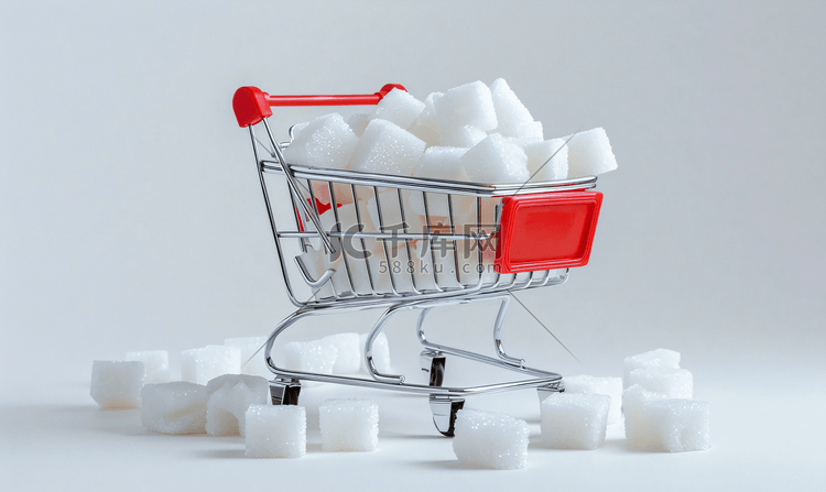 白色背景中购物车里装满了精制糖块高清摄影大图-千库网