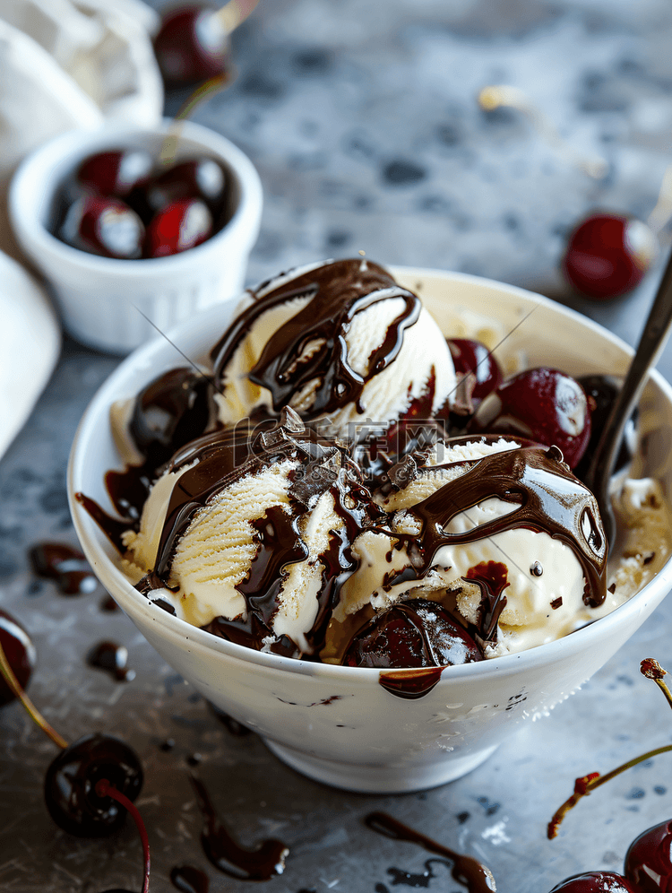 自制奶油冰淇淋上面覆盖着巧克力和樱桃高清摄影大图-千库网