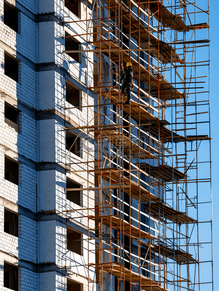 施工现场大型建筑结构与工人工作起重机和脚手架高清摄影大图-千库网