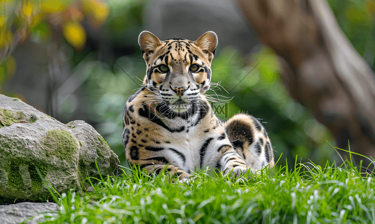 云豹坐在草地上沉思高清摄影大图-千库网