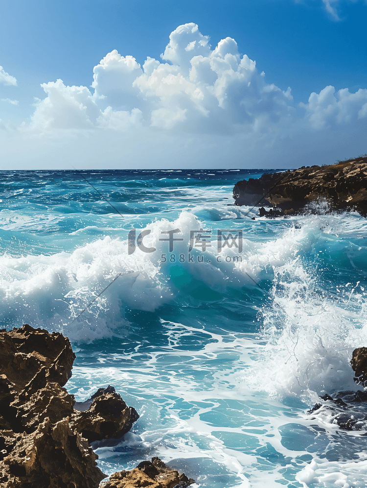 阿鲁巴岛崎岖海岸上的波涛汹涌的大海高清摄影大图-千库网