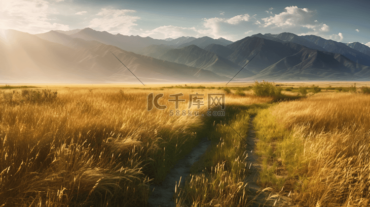 一大片开阔的田野，背景是山脉高清摄影大图-千库网
