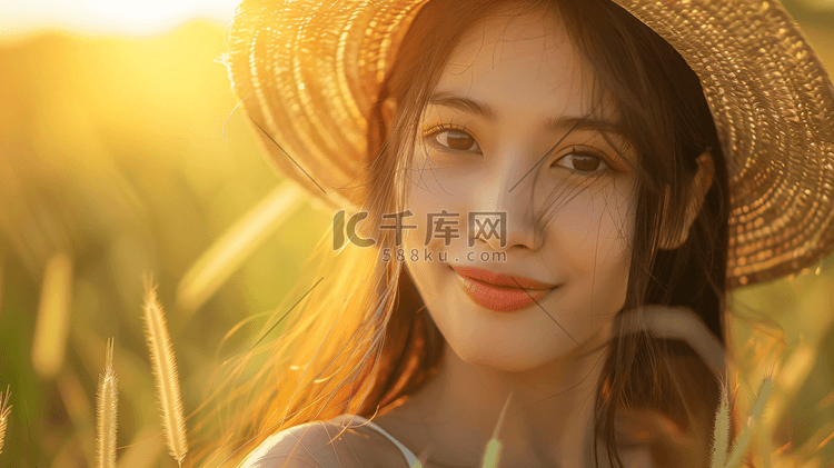 田野间戴草帽的女性摄影16高清摄影大图-千库网