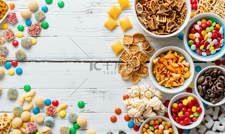 各种垃圾食品多种类型放在白色木桌上顶视图有复印空间高清摄影大图-千库网