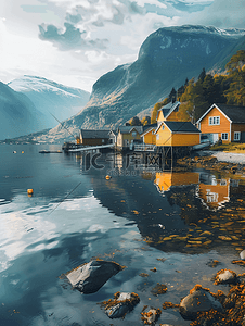 挪威峡湾边的小避风港高清摄影大图-千库网