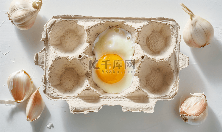 白色纹理背景上带有大蒜辫子的鸡蛋纸盒和蛋黄高清摄影大图-千库网