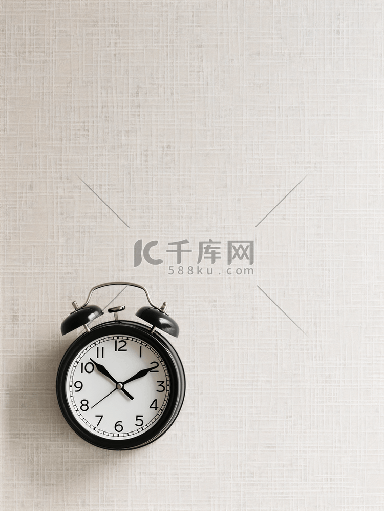 白色纹理壁纸上的黑色闹钟高视图高清摄影大图-千库网