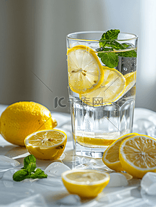 白色纹理桌上的一杯柠檬水和柠檬高清摄影大图-千库网