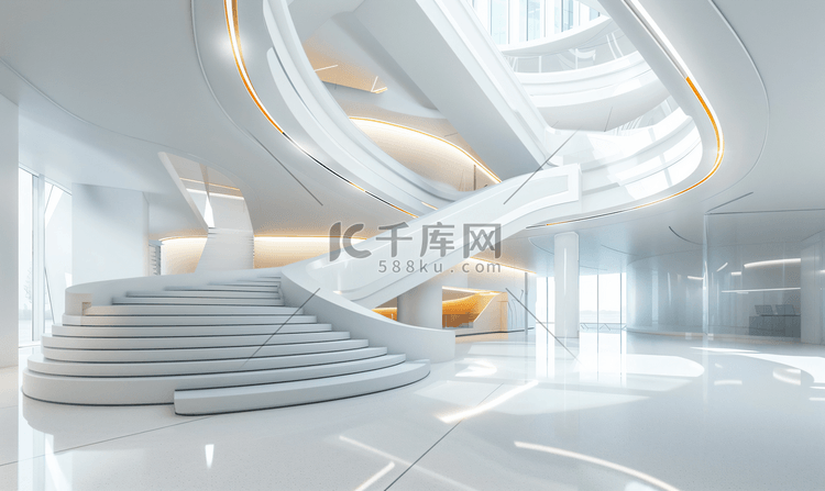 白色商务中心具有美丽的纹理和独特的设计配有室内楼梯高清摄影大图-千库网